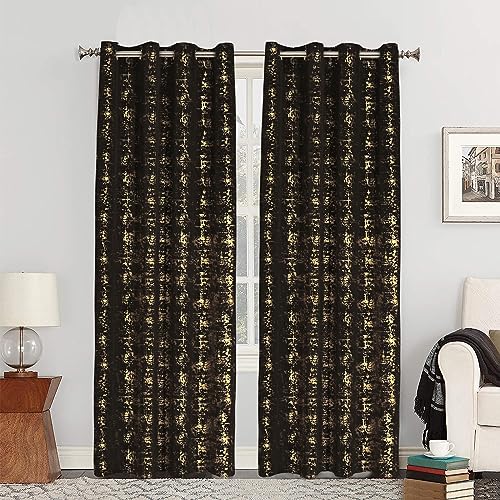 Tititex Luxury Golden Black Velvet Blackout Curtains 96 inch Length 2 Panels Sets for Bedroom Window Drapes Thermal Curtains with Grommets, Gold Foil Print for Living Room