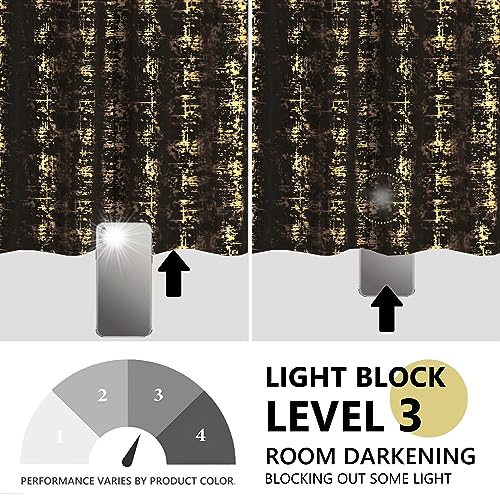 Tititex Luxury Golden Black Velvet Blackout Curtains 96 inch Length 2 Panels Sets for Bedroom Window Drapes Thermal Curtains with Grommets, Gold Foil Print for Living Room