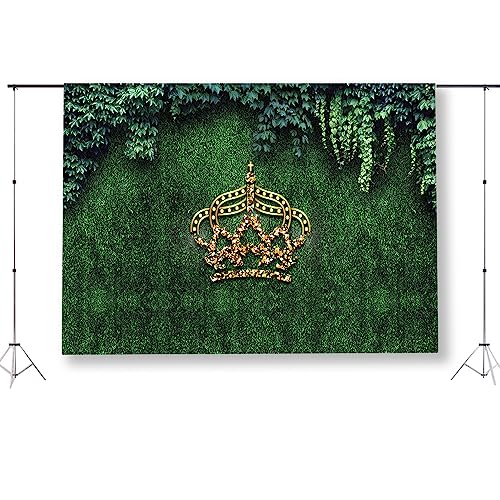 KUKUSOUL 5x3ft Crown Backdrop Gold Glitter Crown Green Leaf Photography Background Celebration Party Decoration Supplies Cake Table Banner Photo Booth Prop KUBYC404