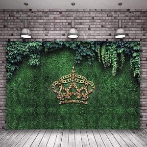 KUKUSOUL 5x3ft Crown Backdrop Gold Glitter Crown Green Leaf Photography Background Celebration Party Decoration Supplies Cake Table Banner Photo Booth Prop KUBYC404