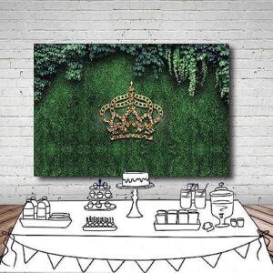 KUKUSOUL 5x3ft Crown Backdrop Gold Glitter Crown Green Leaf Photography Background Celebration Party Decoration Supplies Cake Table Banner Photo Booth Prop KUBYC404