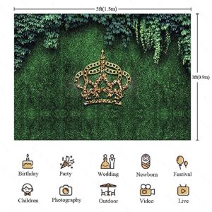 KUKUSOUL 5x3ft Crown Backdrop Gold Glitter Crown Green Leaf Photography Background Celebration Party Decoration Supplies Cake Table Banner Photo Booth Prop KUBYC404