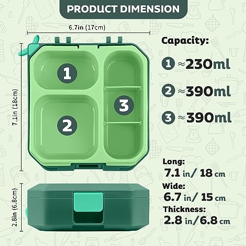 AmazingLife Dinosaur Bento Lunch Box for Kids, Container with Removable Compartment, Ideal Portions Size for Ages 3 to 7, Kids Lunch Container Back to School, Leak Proof, Dishwasher Safe