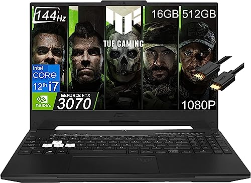 ASUS TUF Dash F15 Gaming Laptop (15.6 inches 144Hz, Intel 12th Gen i7-12650H, 16GB DDR5 RAM, 512GB PCle SSD, Geforce RTX 3070 8GB), Thunderbolt 4, Backlit KB, WiFi 6, IST Cable, Win 11 Home - Black