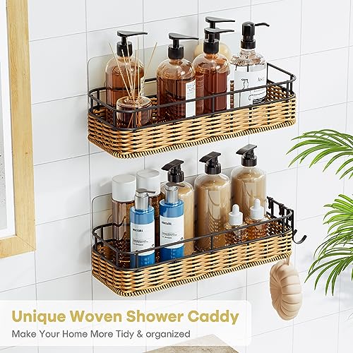 Gusio Shower Caddy Bathroom Organizer and Storage, Hand-made Woven Shower Shelves for Inside Shower Bathroom Decor, Self Adhesive Shower Holder Accessories for Farmhouse Wall RV Apartment Essential