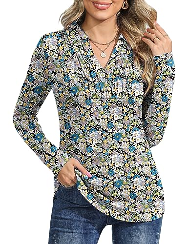 LUYAA Womens Long Sleeve Fall Tops Collared Work Shirts Uniform Polo Shirts for Women Blue Floral M