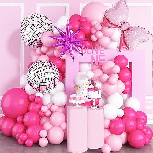 Pink Balloon Arch Kit, Princess Dark Hot Pink and White Balloon Garland with Disco Ball Bow Balloons Light Pink Fuchsia Magenta Latex Balloons for Girls Birthday Baby Shower Party Decorations