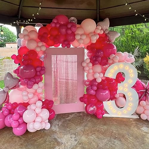 Pink Balloon Arch Kit, Princess Dark Hot Pink and White Balloon Garland with Disco Ball Bow Balloons Light Pink Fuchsia Magenta Latex Balloons for Girls Birthday Baby Shower Party Decorations