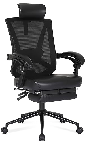 Misolant Ergonomic Office Chair with Footrest, Ergonomic Desk Chair with Adjustable 2D Lumbar Support, High Back Office Chair with Adjustable Headrest, Comfortable Leather Office Chair -Black