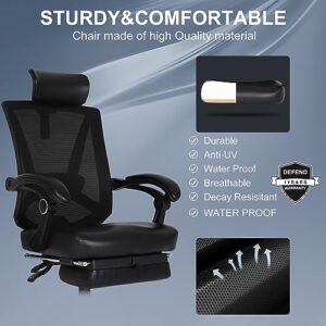 Misolant Ergonomic Office Chair with Footrest, Ergonomic Desk Chair with Adjustable 2D Lumbar Support, High Back Office Chair with Adjustable Headrest, Comfortable Leather Office Chair -Black