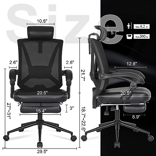 Misolant Ergonomic Office Chair with Footrest, Ergonomic Desk Chair with Adjustable 2D Lumbar Support, High Back Office Chair with Adjustable Headrest, Comfortable Leather Office Chair -Black