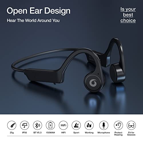 EARTEANA Bone Conduction Headphones, Open-Ear Bluetoth Sport Headset, Wireless Earphone/Earbuds Built-in Mic for Work Out, Running, Hiking, Bicycling, Driving (Black)