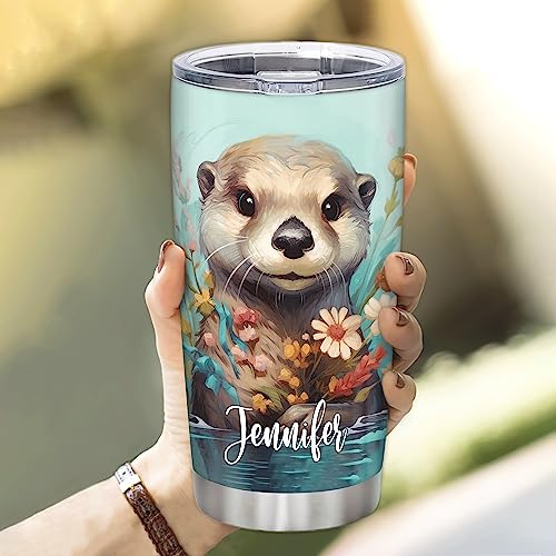 Hyturtle Personalized Otter Tumbler, Just A Girl Who Loves Otters Tumbler Cup With Lid 20oz 30oz Stainless Steel Double Wall Vacuum Insulated Tumbler Coffee Mug Birthday Gifts For Girl Women