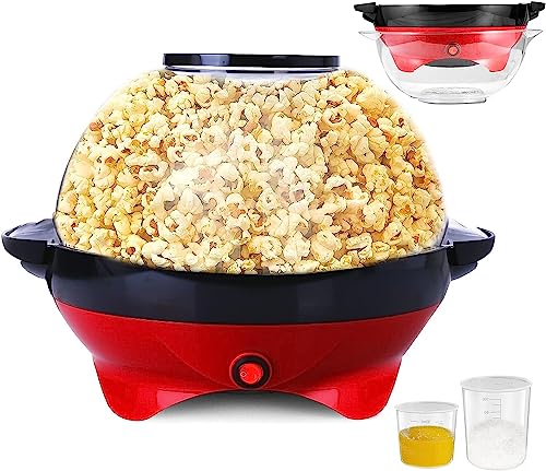 TLGREEN 6 Quart Popcorn Machine, Stir Crazy Popcorn Popper Machine, Electric Hot Oil Popcorn Maker Machine, with Nonstick Plate & Stirring Rod, Large Lid for Serving Bowl and Two Measuring Cups