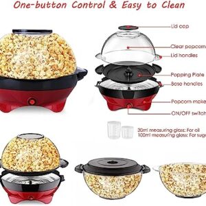 TLGREEN 6 Quart Popcorn Machine, Stir Crazy Popcorn Popper Machine, Electric Hot Oil Popcorn Maker Machine, with Nonstick Plate & Stirring Rod, Large Lid for Serving Bowl and Two Measuring Cups