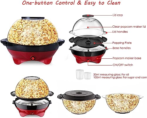 TLGREEN 6 Quart Popcorn Machine, Stir Crazy Popcorn Popper Machine, Electric Hot Oil Popcorn Maker Machine, with Nonstick Plate & Stirring Rod, Large Lid for Serving Bowl and Two Measuring Cups