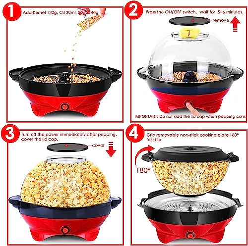 TLGREEN 6 Quart Popcorn Machine, Stir Crazy Popcorn Popper Machine, Electric Hot Oil Popcorn Maker Machine, with Nonstick Plate & Stirring Rod, Large Lid for Serving Bowl and Two Measuring Cups