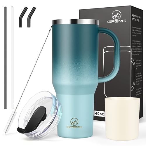 Gpeng 40 oz Tumbler with Handle, Water Bottles with Straw Lid and Anti-Slip Sleeve, Insulated Stainless Steel Travel Mug Cup Holder Friendly, Keep Drinks Cold or Hot for Hours