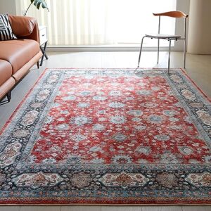 rugcomf area rug 5x7 washable rug boho rug soft non-slip non-shedding faux wool vintage rug for living room, bedroom rug, farmhouse, dining room, indoor, kids playroom (red)