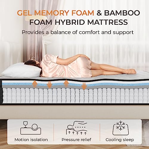 Sweetnight Queen Size Mattress in a Box - 10 Inch Pillow Top Queen Mattress, Bamboo and Gel Memory Foam Hybrid Mattress with Individually Pocketed Springs for Support & Comfort Sleep, Siesta,Black