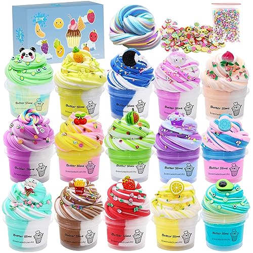 15 Pack Dual Color Slime Toy - Butter Slime with Cake Charms Included,Super Soft & Non-Sticky,Educational Stress Relief Toy,Birthday Gifts for Girl and Boys.