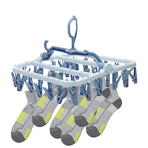 Clothes Drying Hanger with 32 Clips- Foldable Detachable Hanging Sock Rack | 360 Degree rotatable Windproof Laundry Rack, for Sock,Underwear Hanger, Clothes pegs