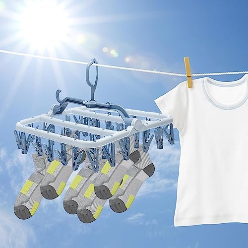 Clothes Drying Hanger with 32 Clips- Foldable Detachable Hanging Sock Rack | 360 Degree rotatable Windproof Laundry Rack, for Sock,Underwear Hanger, Clothes pegs