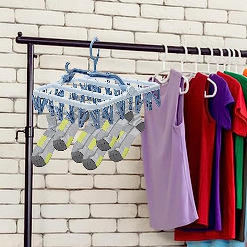 Clothes Drying Hanger with 32 Clips- Foldable Detachable Hanging Sock Rack | 360 Degree rotatable Windproof Laundry Rack, for Sock,Underwear Hanger, Clothes pegs