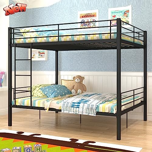 ZMIZAKOY Queen Bunk Beds for Adults, Higher Quality Queen Over Queen Bunk Bed, Heavy Duty Metal Bunk Bed Queen Over Queen for Adults and Kids, Easy Assemble Space Saving Queen Size Bunk Bed（Black）