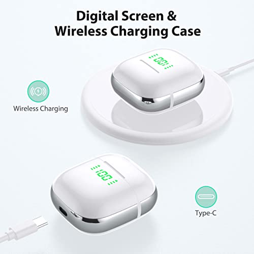 NUBBYO Bluetooth Headphones Wireless Earbuds 50Hrs Playtime with Wireless Charging Case Dual Power Display Ear Buds Touch Control Stereo Earphones in-Ear Earbuds with Mic for Phone TV Laptop White