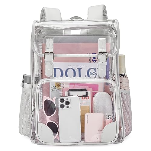 mommore Clear Backpack Heavy Duty Thick PVC Transparent Backpack with Leather Trim Large Capacity See Through Backpack for Work, Stadium