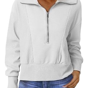 Dokotoo Womens Casual Half Zip Pullover Sweatshirts Long Sleeve Workout Tops Fall Comfy Cropped Loose Quarter Zipper Sweatshirt Jackets Winter Clothes 2023 Trendy Outfits White Mdeium