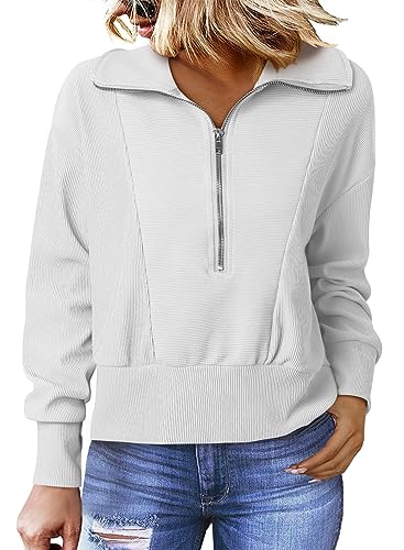 Dokotoo Womens Casual Half Zip Pullover Sweatshirts Long Sleeve Workout Tops Fall Comfy Cropped Loose Quarter Zipper Sweatshirt Jackets Winter Clothes 2023 Trendy Outfits White Mdeium