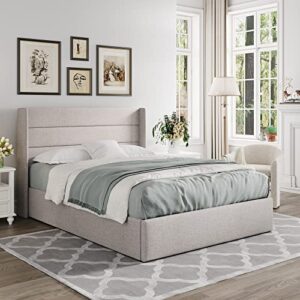 Allewie Queen Size Lift Up Storage Bed, Modern Wingback Headboard, No Box Spring Needed, Hydraulic Storage, Light Beige