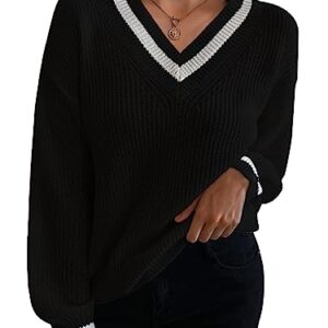 Verdusa Women's Ribbed Knit Drop Shoulder Sweater V Neck Long Sleeve Pullovers Black M