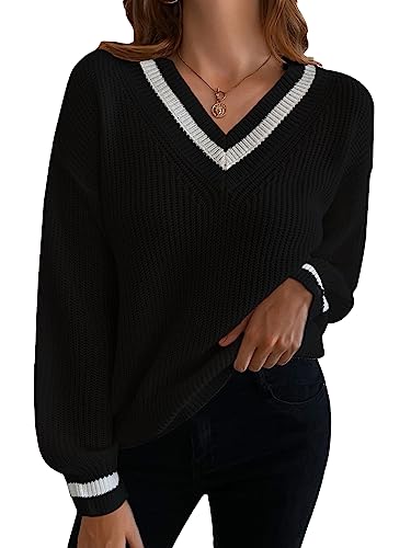 Verdusa Women's Ribbed Knit Drop Shoulder Sweater V Neck Long Sleeve Pullovers Black M