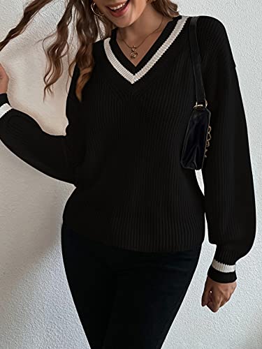 Verdusa Women's Ribbed Knit Drop Shoulder Sweater V Neck Long Sleeve Pullovers Black M