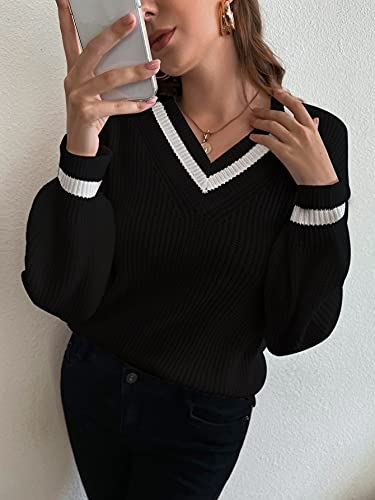 Verdusa Women's Ribbed Knit Drop Shoulder Sweater V Neck Long Sleeve Pullovers Black M