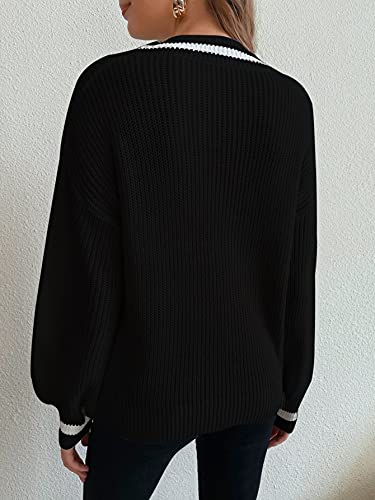 Verdusa Women's Ribbed Knit Drop Shoulder Sweater V Neck Long Sleeve Pullovers Black M