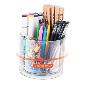 hiborateed rotating pencil pen holder for desk, 5 slots 360-degree spinning acrylic desk pencil pen organizer marker caddy crayon organizer for office school home art supply