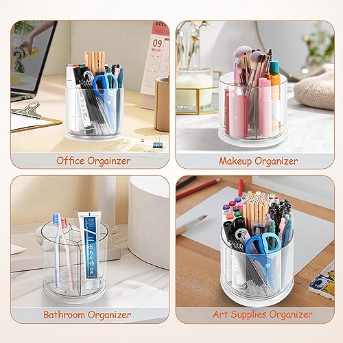 Hiborateed Rotating Pencil Pen Holder for Desk, 5 Slots 360-Degree Spinning Acrylic Desk Pencil Pen Organizer Marker Caddy Crayon Organizer for Office School Home Art Supply