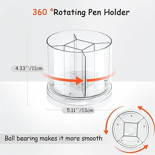 Hiborateed Rotating Pencil Pen Holder for Desk, 5 Slots 360-Degree Spinning Acrylic Desk Pencil Pen Organizer Marker Caddy Crayon Organizer for Office School Home Art Supply