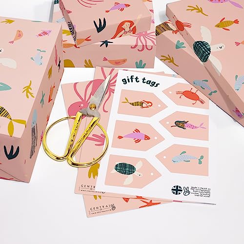 CENTRAL 23 Mermaid Wrapping Paper - 6 Sheets of Pink Gift Wrap - For Kids Baby Girl - Summer Themed - Ocean Creatures - For Birthday or Baby Shower - Recyclable