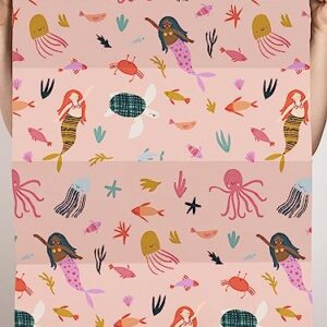 CENTRAL 23 Mermaid Wrapping Paper - 6 Sheets of Pink Gift Wrap - For Kids Baby Girl - Summer Themed - Ocean Creatures - For Birthday or Baby Shower - Recyclable