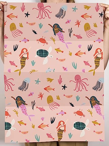 CENTRAL 23 Mermaid Wrapping Paper - 6 Sheets of Pink Gift Wrap - For Kids Baby Girl - Summer Themed - Ocean Creatures - For Birthday or Baby Shower - Recyclable