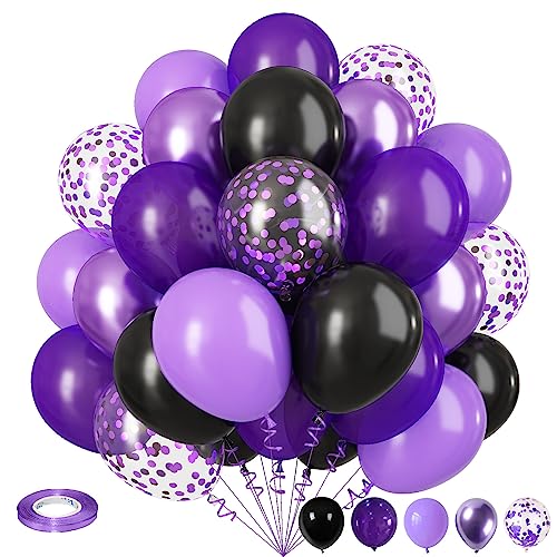 Purple and Black Balloons, 12 Inch Dark Purple Light Purple Black Balloons with Metallic Purple Confetti Latex Balloon Set for Girls Women Halloween Birthday Bridal Shower Wedding Party Decorations