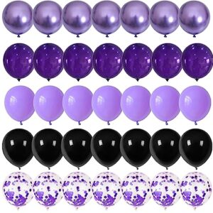 Purple and Black Balloons, 12 Inch Dark Purple Light Purple Black Balloons with Metallic Purple Confetti Latex Balloon Set for Girls Women Halloween Birthday Bridal Shower Wedding Party Decorations