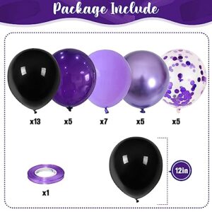 Purple and Black Balloons, 12 Inch Dark Purple Light Purple Black Balloons with Metallic Purple Confetti Latex Balloon Set for Girls Women Halloween Birthday Bridal Shower Wedding Party Decorations