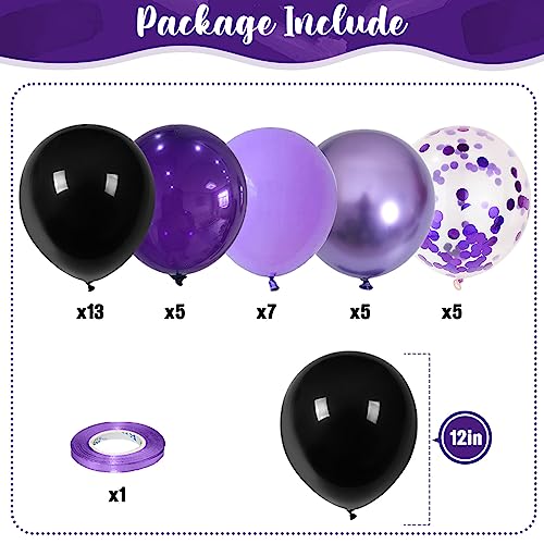 Purple and Black Balloons, 12 Inch Dark Purple Light Purple Black Balloons with Metallic Purple Confetti Latex Balloon Set for Girls Women Halloween Birthday Bridal Shower Wedding Party Decorations