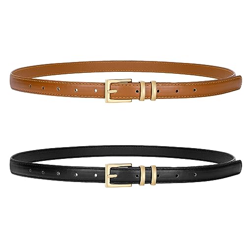 SANSTHS 2 Pack Women Thin Skinny Faux Leather Belt Waist Belt with Metal Pin Buckle for Dress Jeans, Black Brown M